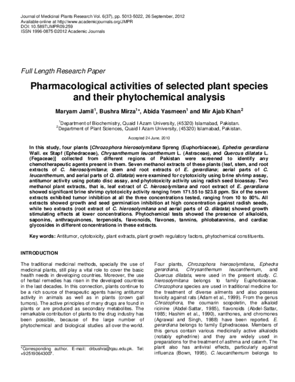 (PDF) Pharmacological activities of selected plant species and their phytochemical analysis