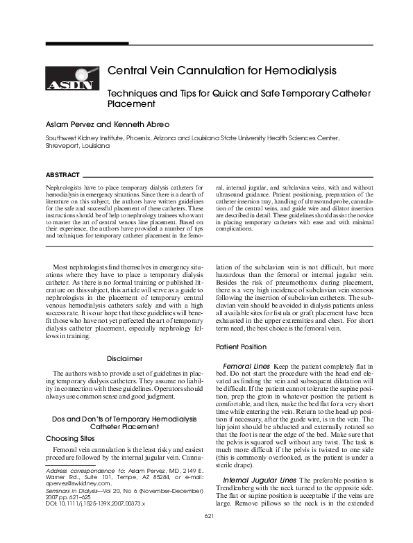 (PDF) Central Vein Cannulation for Hemodialysis: Techniques and Tips ...