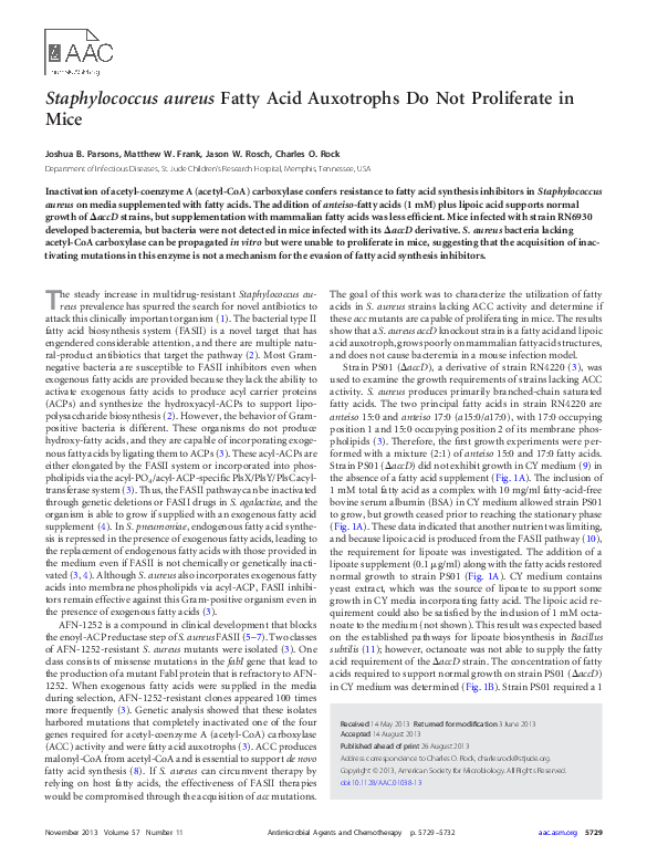 (PDF) Staphylococcus aureus Fatty Acid Auxotrophs Do Not Proliferate in ...