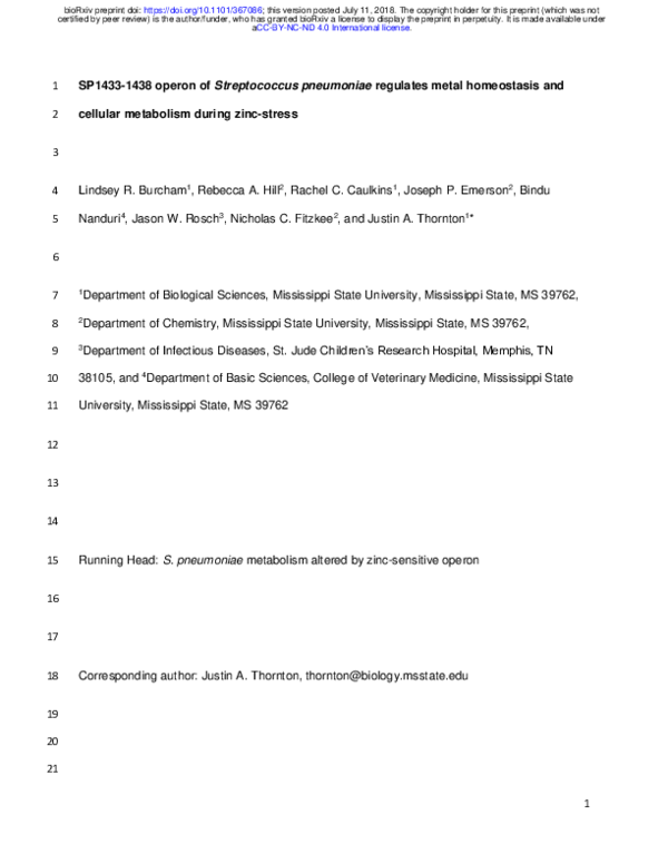 (PDF) SP1433-1438 operon ofStreptococcus pneumoniaeregulates metal ...