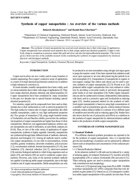 (PDF) Synthesis of copper nanoparticles : An overview of the various methods