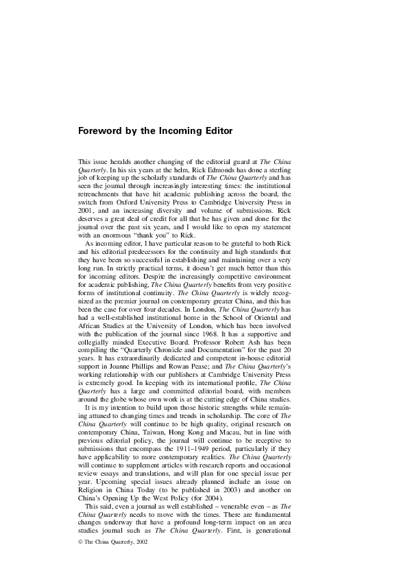 (PDF) Foreword by the Incoming Editor