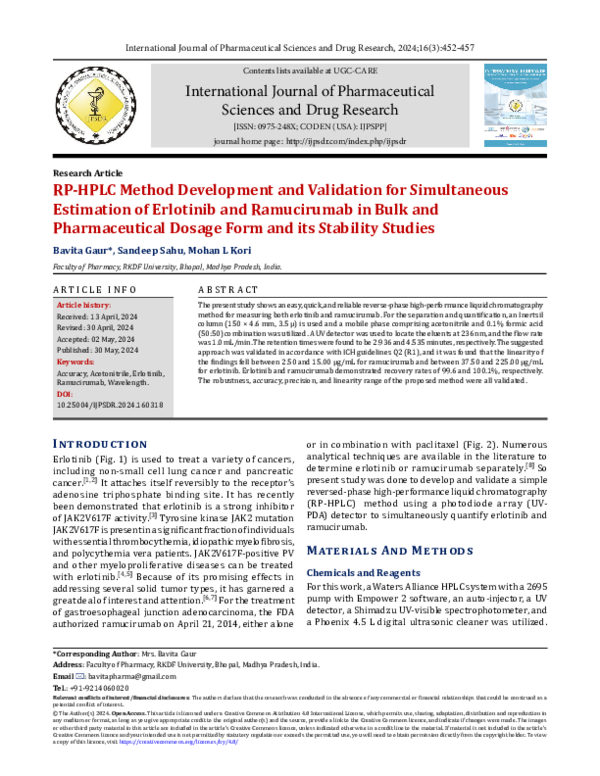 Pdf Rp Hplc Method Development And Validation For Simultaneous Estimation Of Erlotinib And