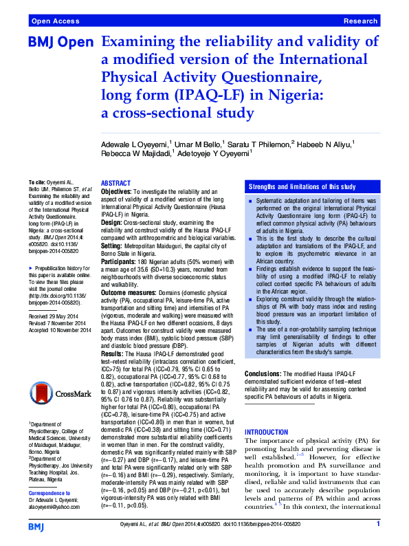 (PDF) Examining the reliability and validity of a modified version of ...