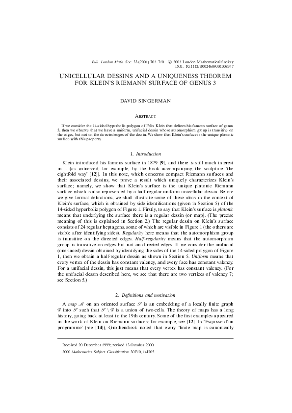 (PDF) Unicellular Dessins and a Uniqueness Theorem for Klein's Riemann ...