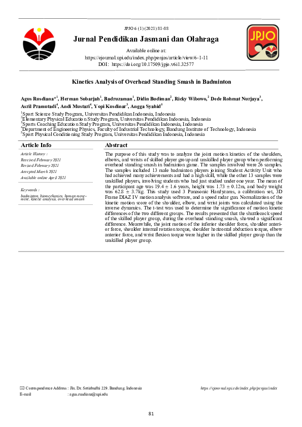 (PDF) Kinetics Analysis of Overhead Standing Smash in Badminton | Yopi ...