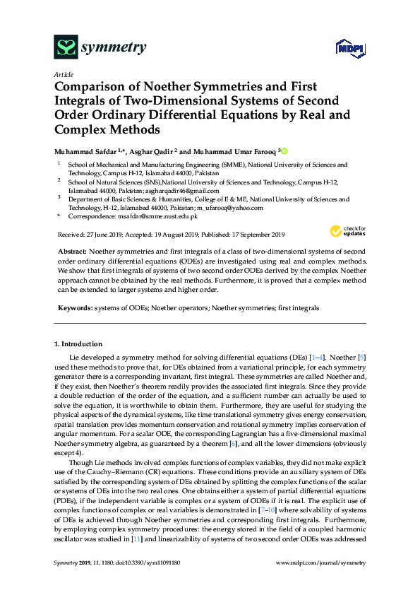 Pdf Comparison Of Noether Symmetries And First Integrals Of Two Dimensional Systems Of Second