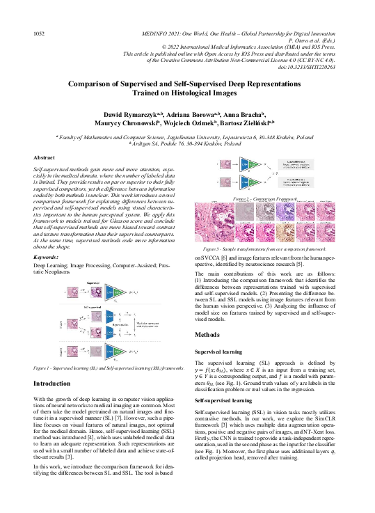 Pdf Comparison Of Supervised And Self Supervised Deep Representations Trained On Histological