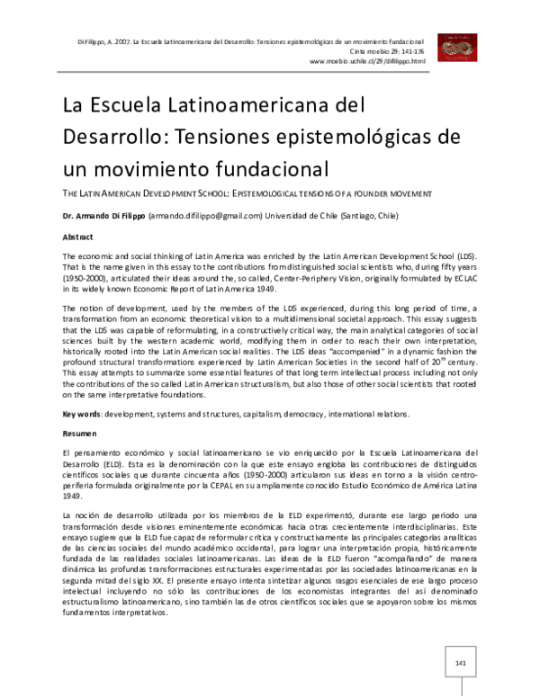 (PDF) La Escuela Latinoamericana del Desarrollo: Tensiones epistemológicas de un movimiento ...