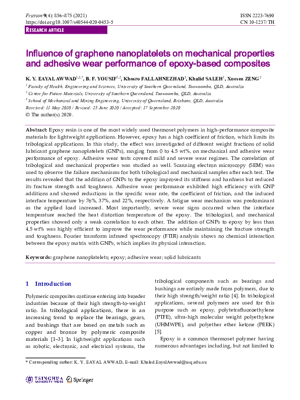 (PDF) Influence of graphene nanoplatelets on mechanical properties and adhesive wear performance ...