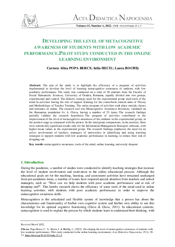 (PDF) Developing the level of metacognitive awareness of students with low academic performance ...