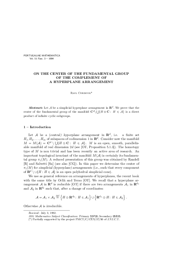 (PDF) On the Center of the Fundamental Group of the Complement of a Hyperplane Arrangement ...