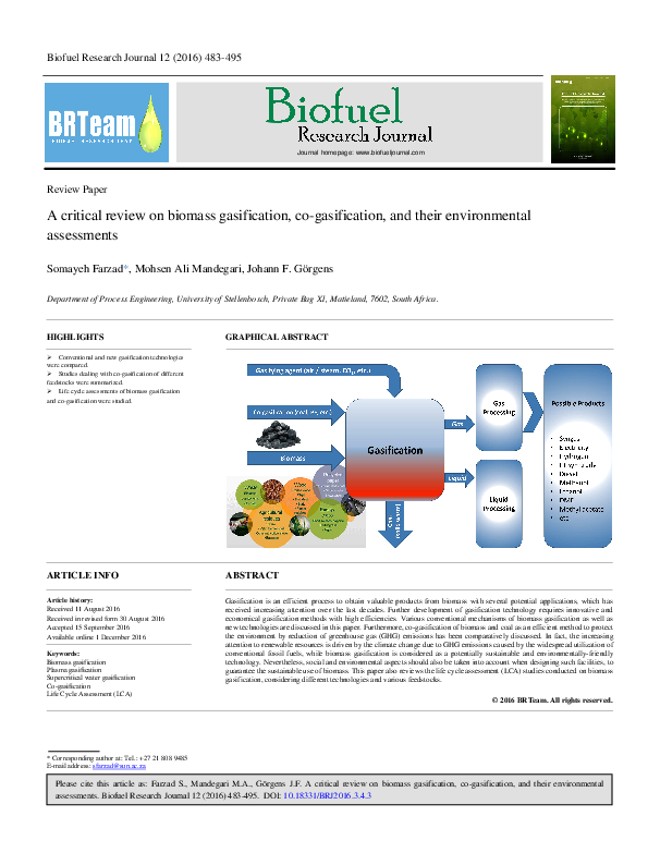 (PDF) A critical review on biomass gasification, co-gasification, and ...