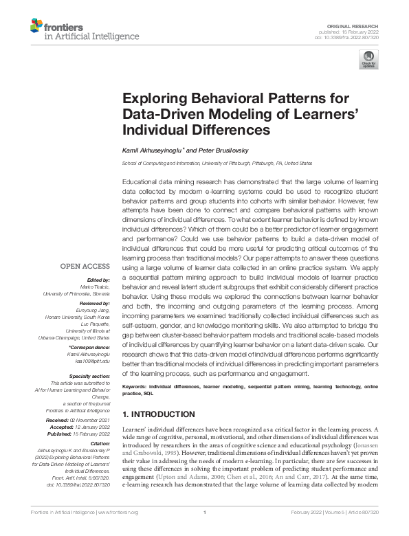 Pdf Exploring Behavioral Patterns For Data Driven Modeling Of Learners Individual Differences