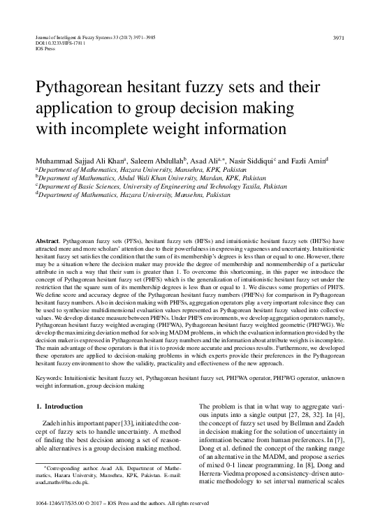 (PDF) Pythagorean hesitant fuzzy sets and their application to group decision making with ...