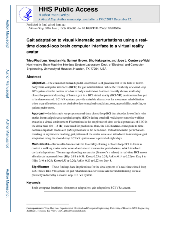 (PDF) Gait adaptation to visual kinematic perturbations using a real ...