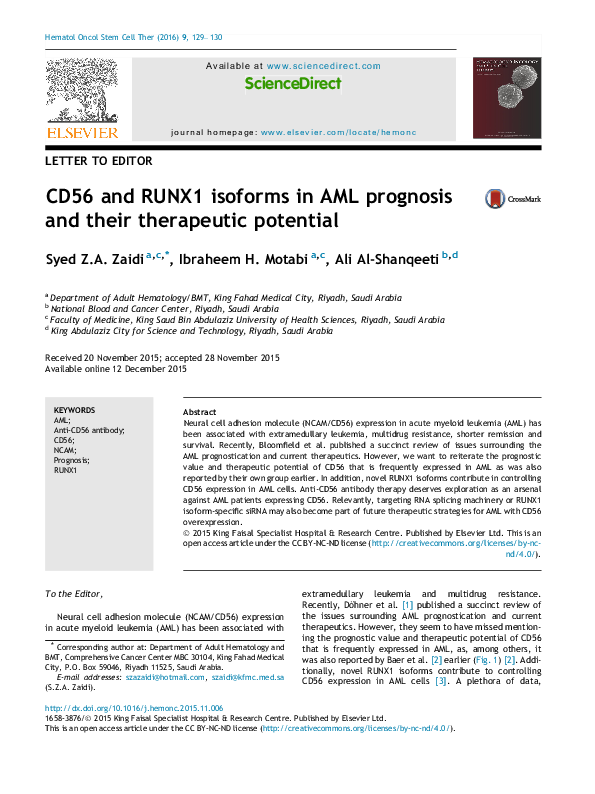 (PDF) CD56 and RUNX1 isoforms in AML prognosis and their therapeutic potential