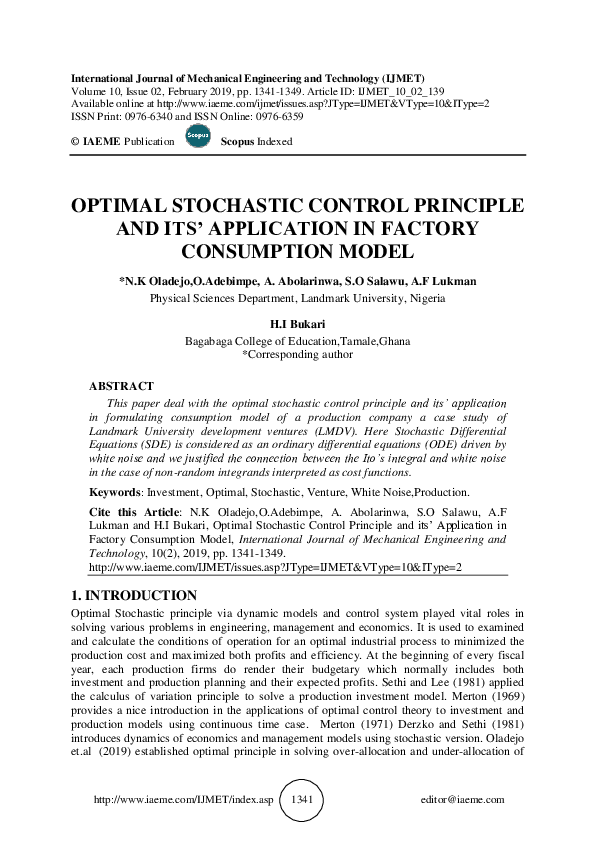 (PDF) Optimal Stochastic Control Principle and Its’ Applicationin Factory Consumption Model