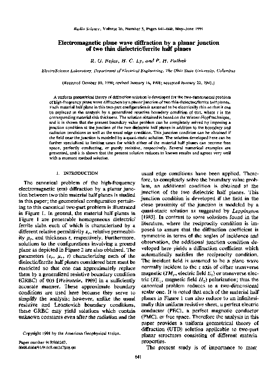 (PDF) Electromagnetic plane wave diffraction by a planar junction of two thin dielectric/ferrite ...