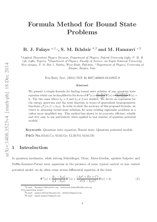 (PDF) Formula Method for Bound State Problems
