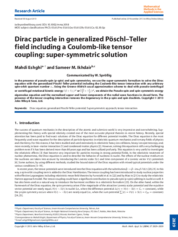 (PDF) Dirac particle in generalized Pöschl-Teller field including a Coulomb-like tensor coupling ...