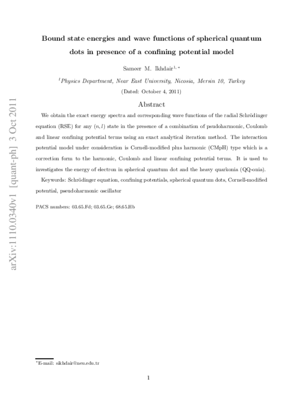 (PDF) Bound state energies and wave functions of spherical quantum dots in presence of a ...