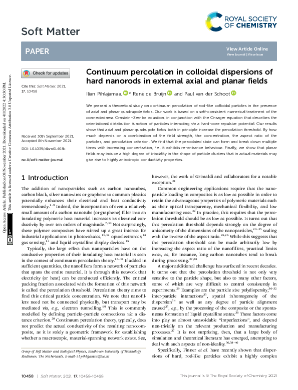 (PDF) Continuum percolation in colloidal dispersions of hard nanorods ...