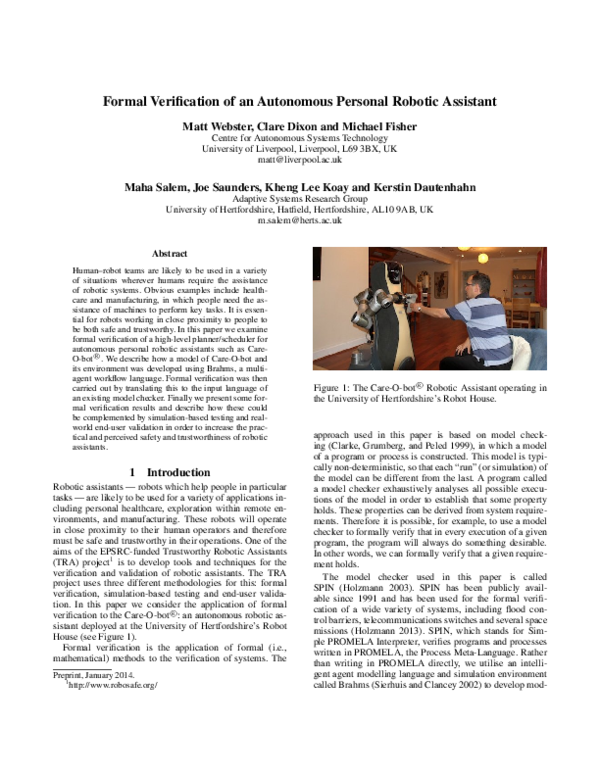 Pdf Formal Verification Of An Autonomous Personal Robotic Assistant