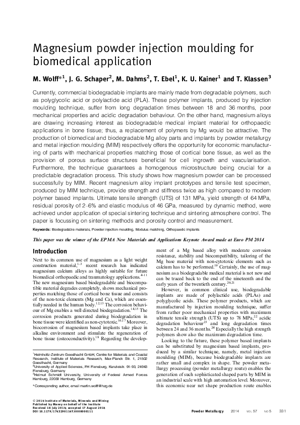 (PDF) Magnesium powder injection moulding for biomedical application ...