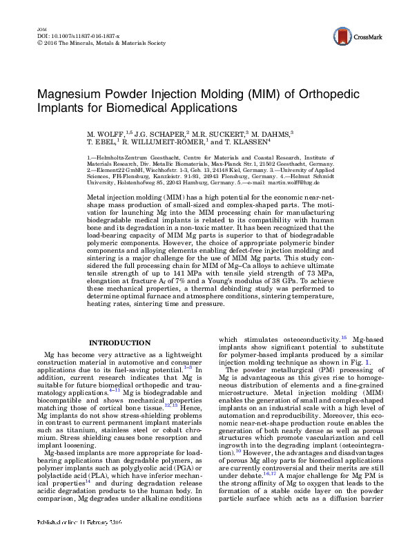 (PDF) Magnesium Powder Injection Molding (MIM) of Orthopedic Implants ...
