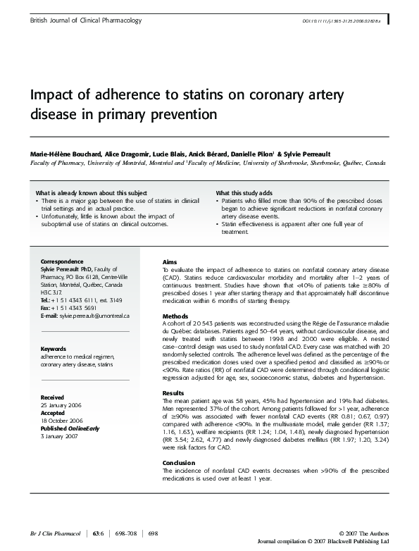 (PDF) Impact of adherence to statins on coronary artery disease in ...