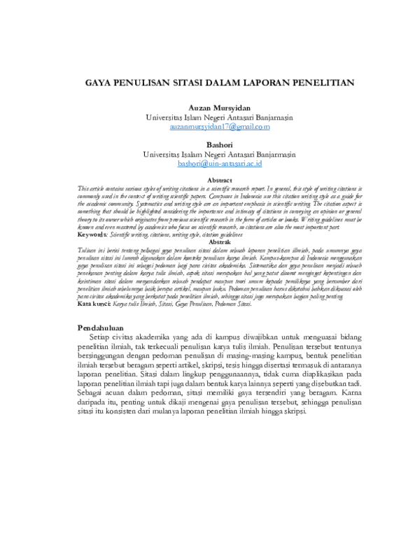 (PDF) GAYA PENULISAN SITASI DALAM LAPORAN PENELITIAN