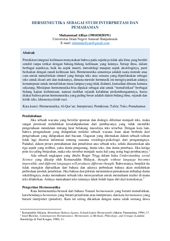 (PDF) HERMENEUTIKA SEBAGAI STUDI INTERPRETASI DAN PEMAHAMAN