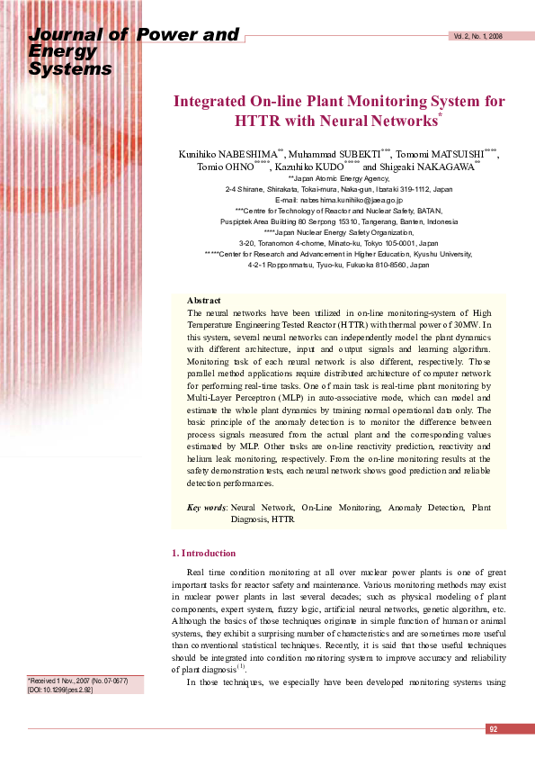 (PDF) Integrated On-line Plant Monitoring System for HTTR with Neural ...