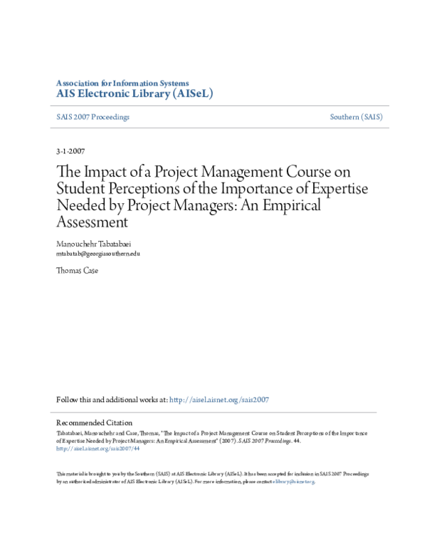 (PDF) The Impact of a Project Management Course on Student Perceptions of the Importance of ...