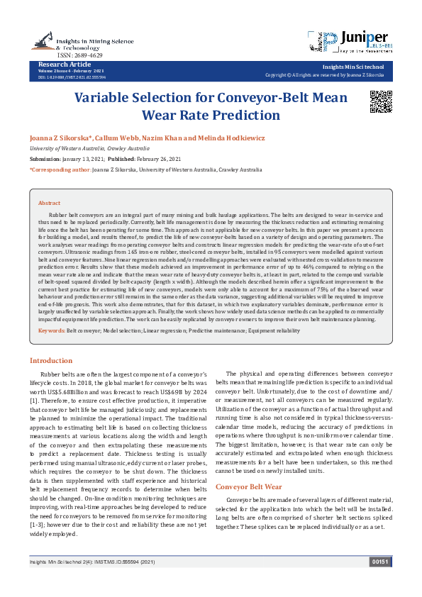 (PDF) Variable Selection for Conveyor-Belt Mean Wear Rate Prediction