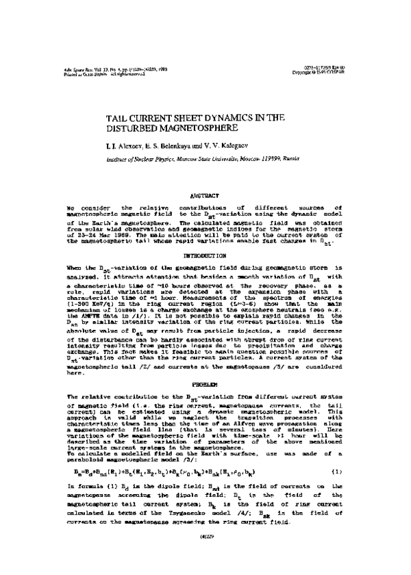 (PDF) Tail current sheet dynamics in the disturbed magnetosphere