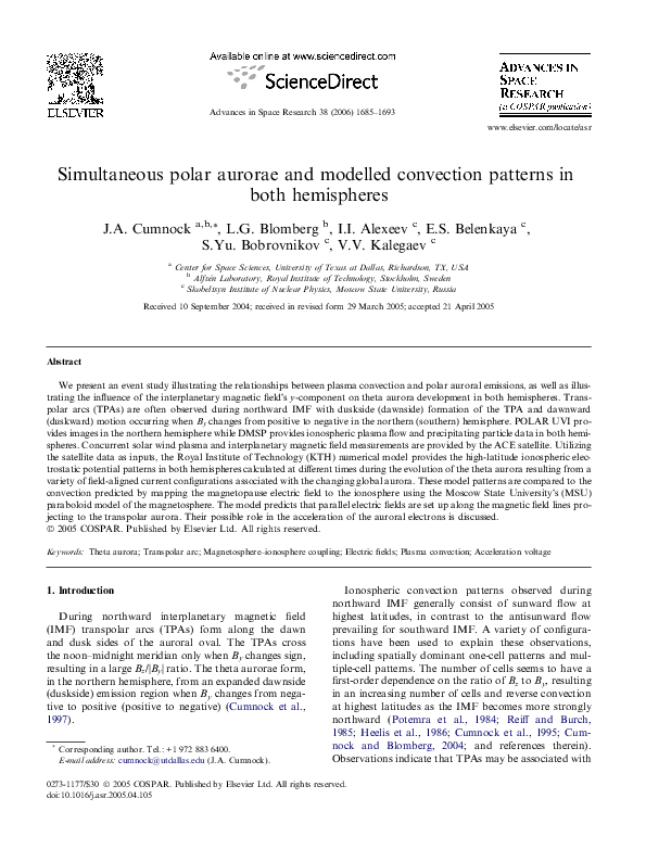 (PDF) Simultaneous polar aurorae and modelled convection patterns in ...