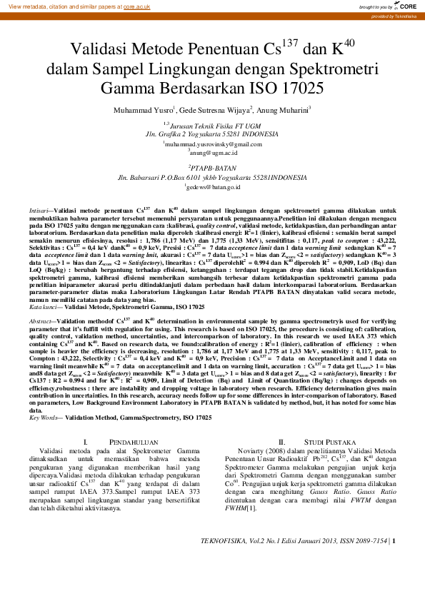 (PDF) Validasi Metode Penentuan Cs137 dan K40 dalam Sampel Lingkungan dengan Spektrometri Gamma ...