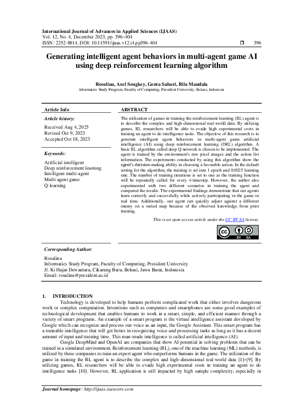 Pdf Generating Intelligent Agent Behaviors In Multi Agent Game Ai Using Deep Reinforcement