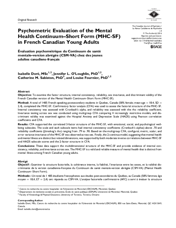 (PDF) Psychometric Evaluation of the Mental Health Continuum-Short Form ...
