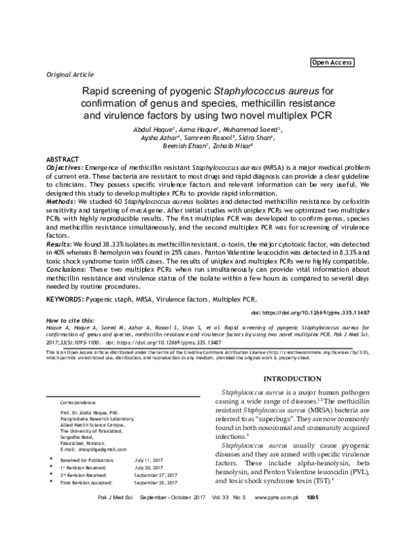 (PDF) Rapid screening of pyogenic Staphylococcus aureus for confirmation of genus and species ...