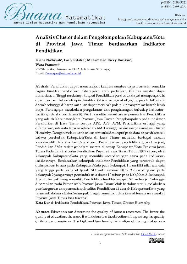 (PDF) Analisis Cluster dalam Pengelompokan Kabupaten/Kota di Provinsi Jawa Timur berdasarkan ...