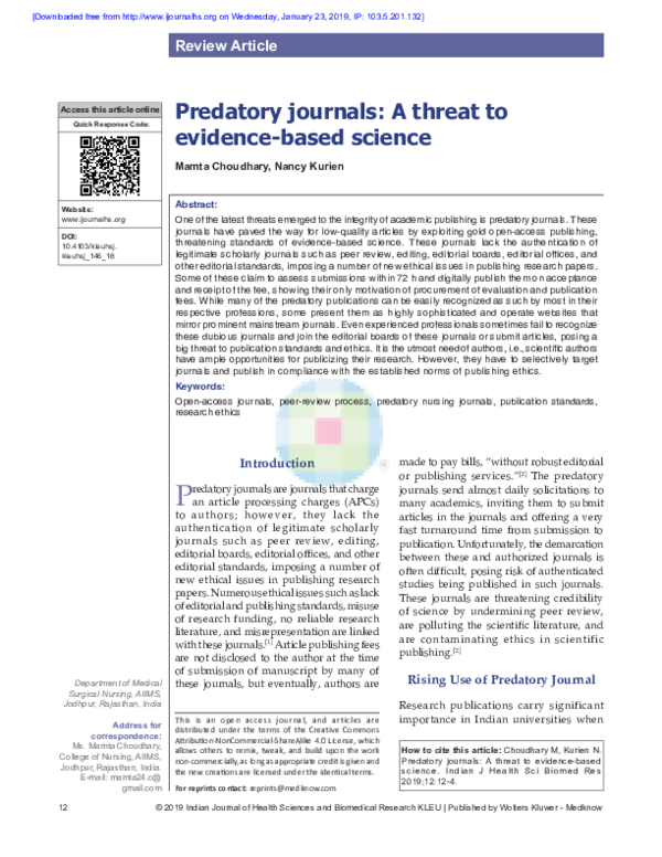 (PDF) Predatory journals: A threat to evidence-based science