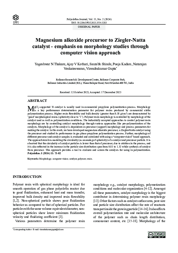 (PDF) Magnesium alkoxide precursor to Ziegler-Natta catalyst -emphasis ...