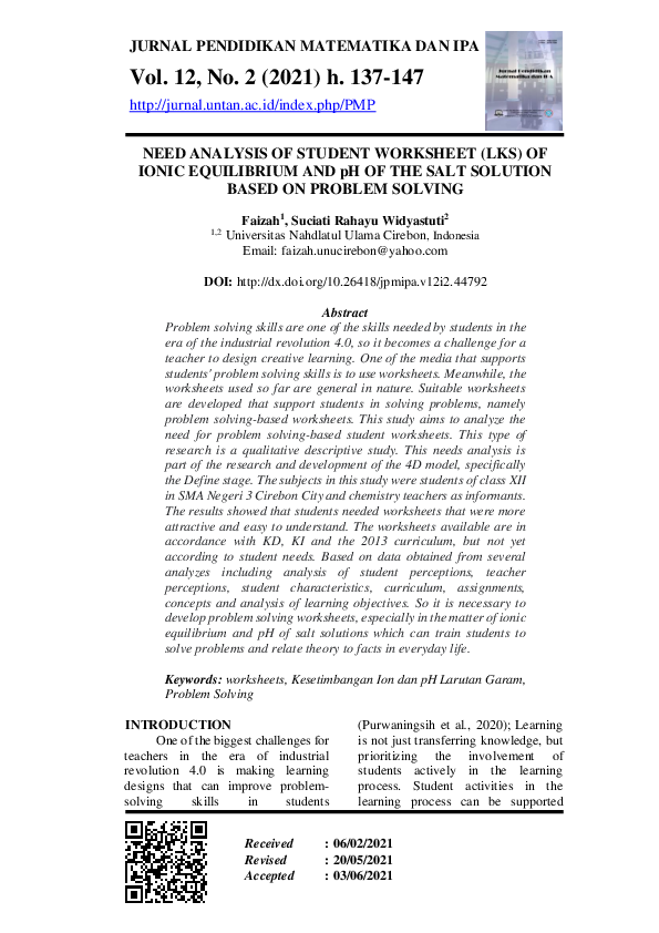 (PDF) NEED ANALYSIS OF STUDENT WORKSHEET (LKS) OF IONIC EQUILIBRIUM AND pH OF THE SALT SOLUTION ...