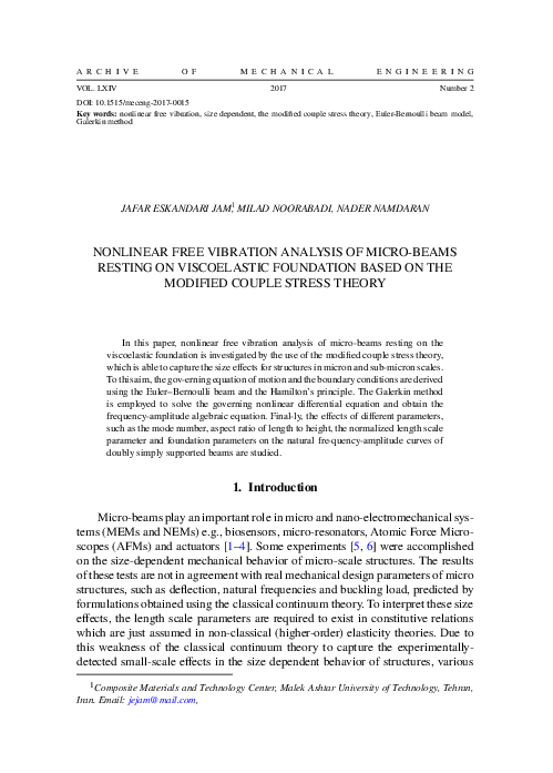 (PDF) Nonlinear Free Vibration Analysis of Micro-beams Resting on Viscoelastic Foundation Based ...