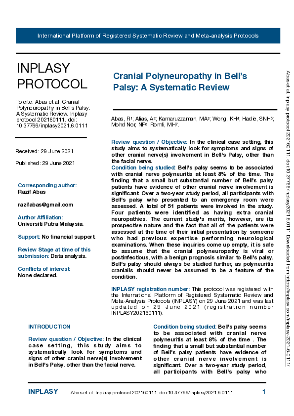 (PDF) Cranial Polyneuropathy in Bell’s Palsy: A Systematic Review ...