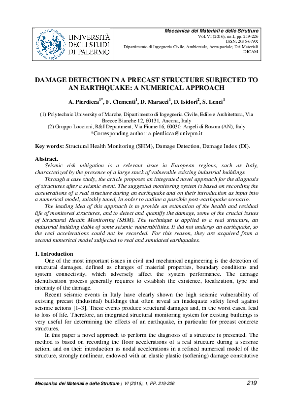 (PDF) Damage detection in a precast structure subjected to an earthquake: A numerical approach