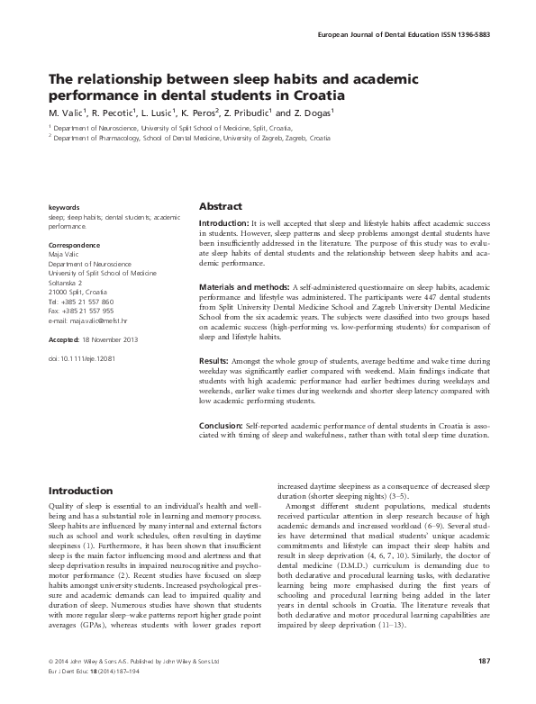 (PDF) The relationship between sleep habits and academic performance in dental students in Croatia